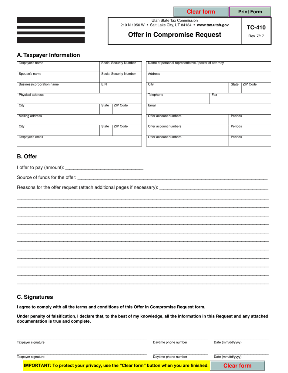 Form TC-410 - Fill Out, Sign Online and Download Fillable PDF, Utah ...