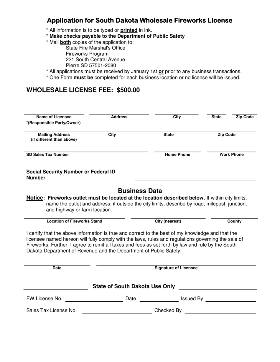 South Dakota Application for South Dakota Wholesale Fireworks License ...