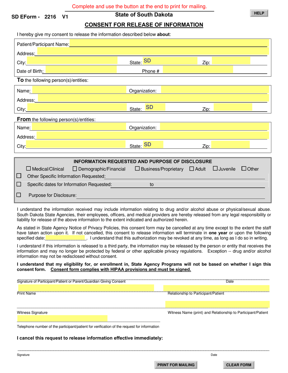 SD Form 2216 - Fill Out, Sign Online and Download Fillable PDF, South ...