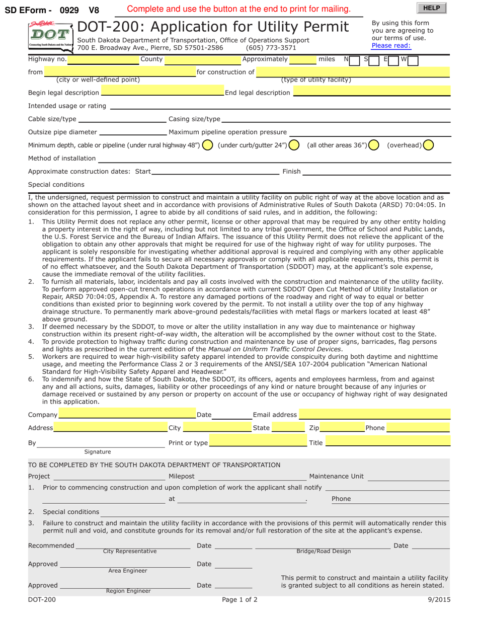 Form DOT-200 (SD Form 0929) - Fill Out, Sign Online and Download ...