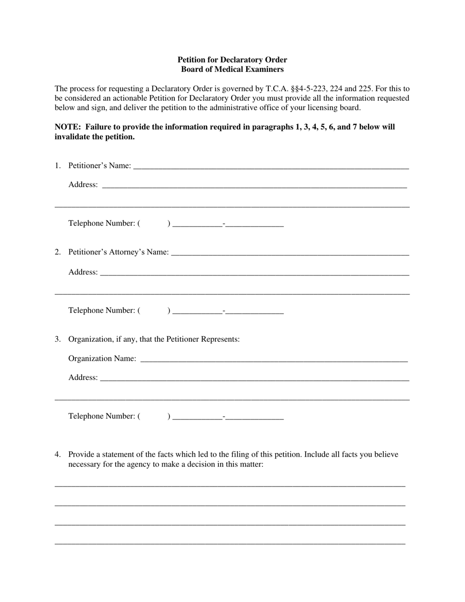 Tennessee Petition for Declaratory Order Board of Medical Examiners ...