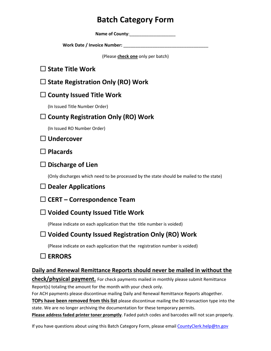 Tennessee Batch Category Form - Fill Out, Sign Online and Download PDF ...
