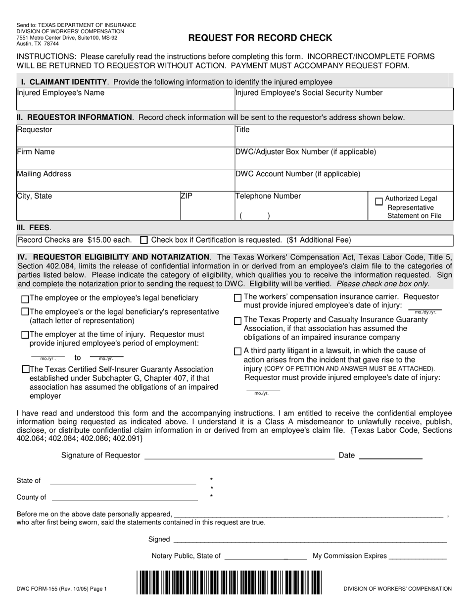 Form DWC155 - Fill Out, Sign Online and Download Fillable PDF, Texas ...