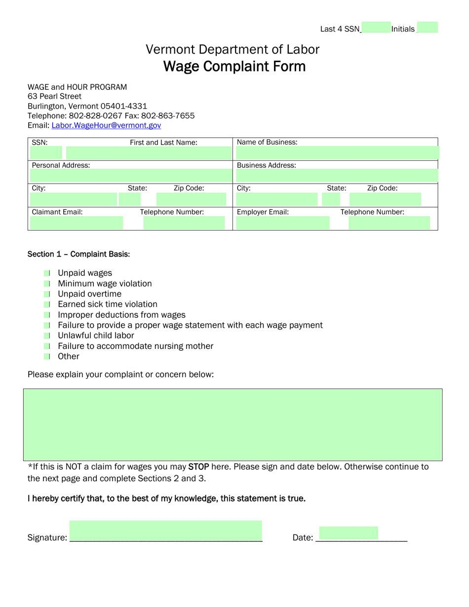 Vermont Wage Complaint Form - Fill Out, Sign Online and Download PDF ...