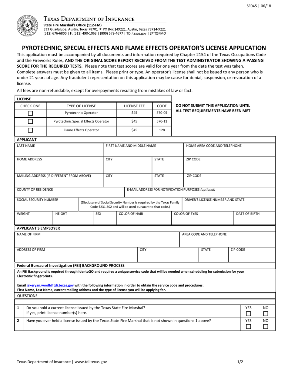 Form SF045 - Fill Out, Sign Online and Download Printable PDF, Texas ...