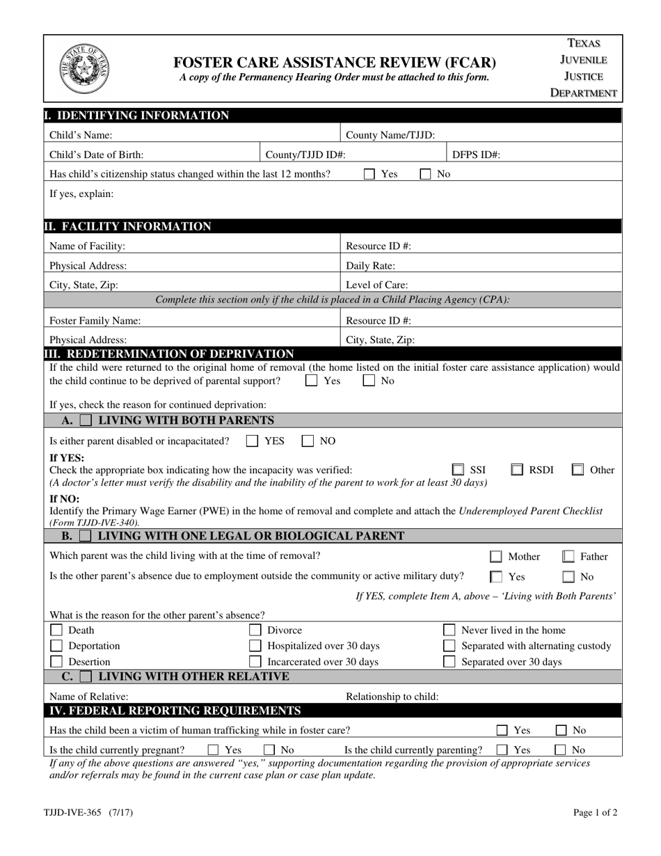 Form TJJD-IVE-365 - Fill Out, Sign Online and Download Fillable PDF ...