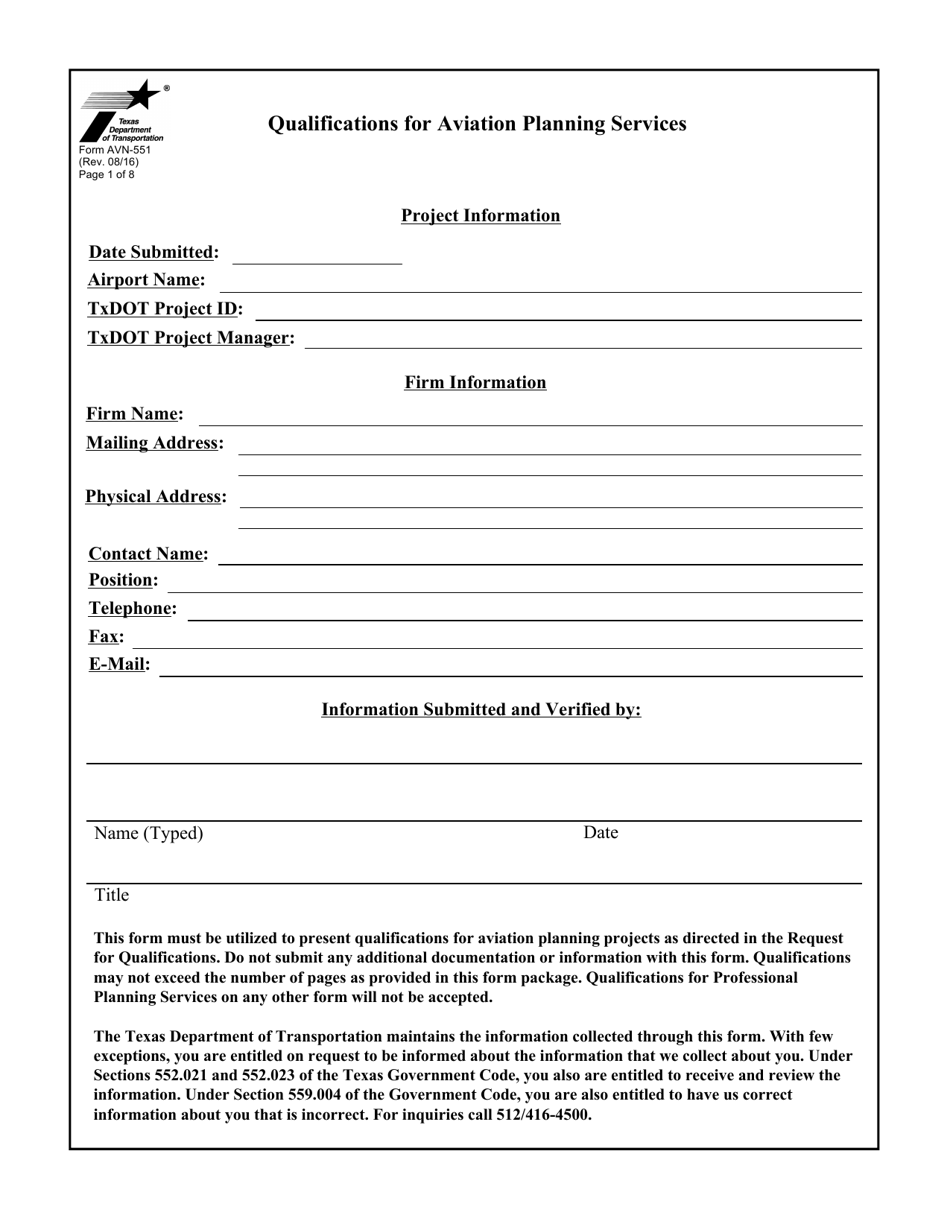 Form AVN-551 - Fill Out, Sign Online and Download Fillable PDF, Texas ...