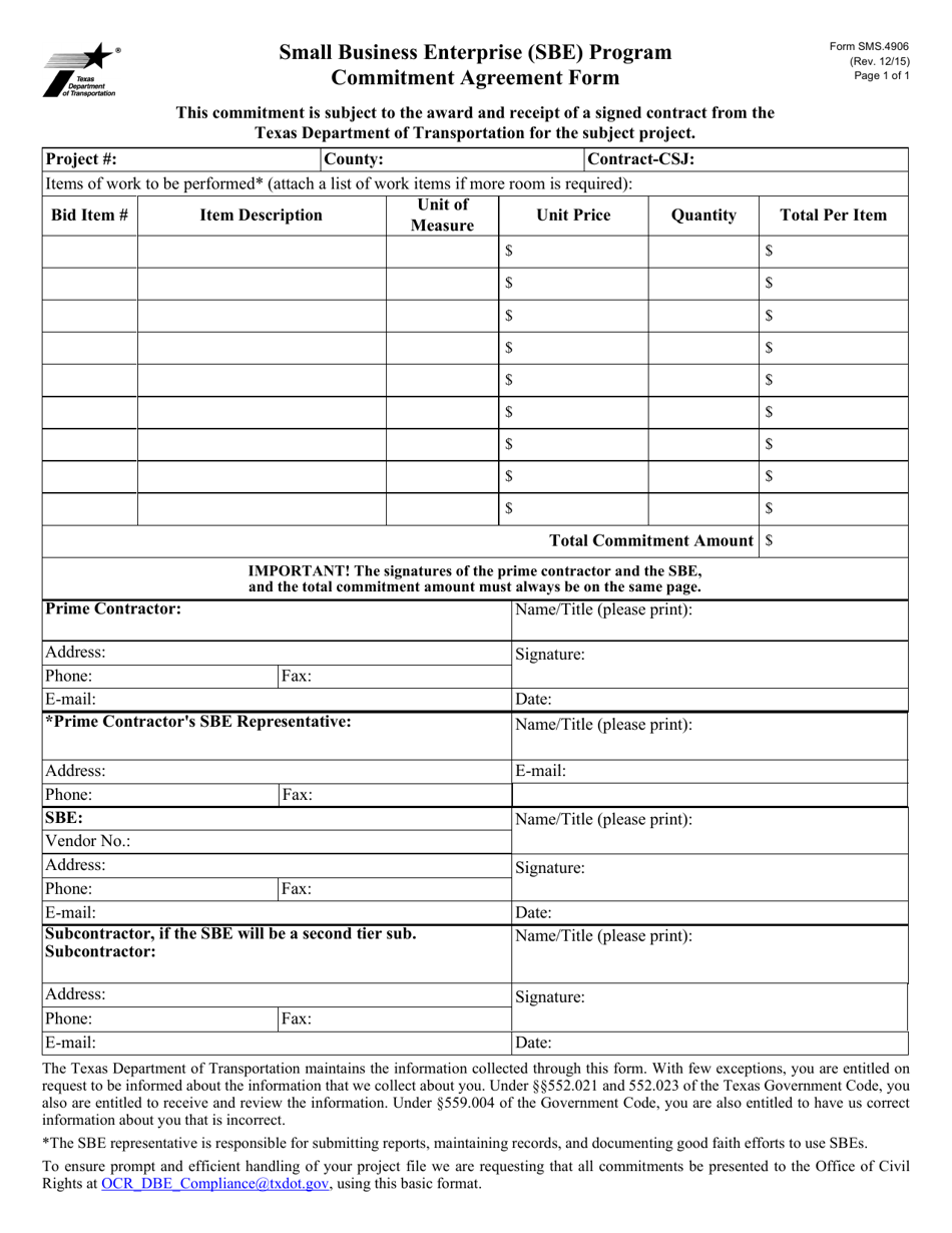 Form SMS.4906 - Fill Out, Sign Online and Download Fillable PDF, Texas ...