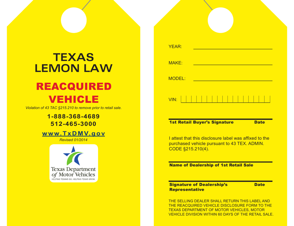 Texas Reacquired Vehicle - Hanging Label - Fill Out, Sign Online and ...