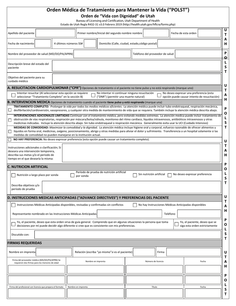Utah Orden Medica De Tratamiento Para Mantener La Vida ("polst ...