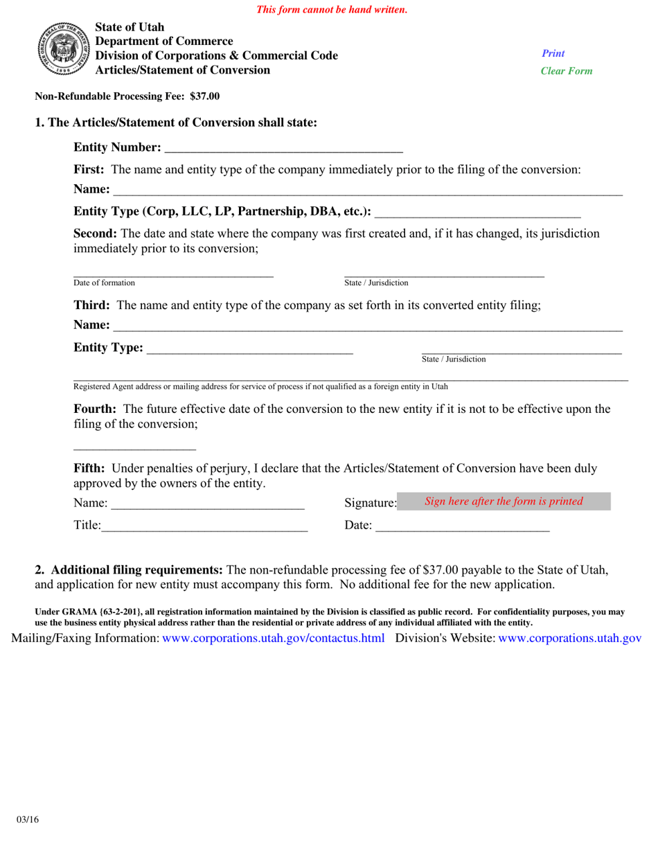 Utah Articles Statement Of Conversion Fill Out Sign Online And