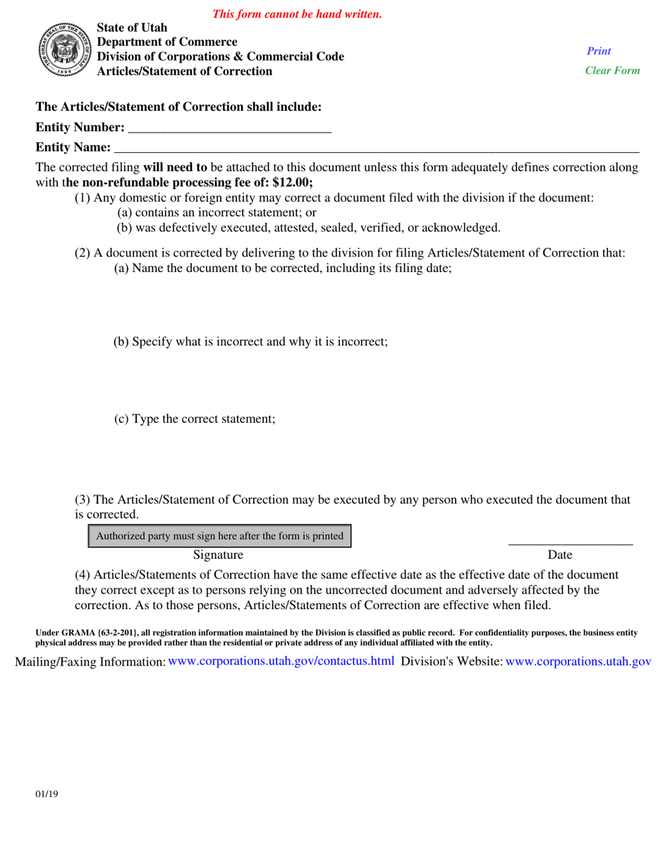 Utah Articles/Statement of Correction - Fill Out, Sign Online and ...