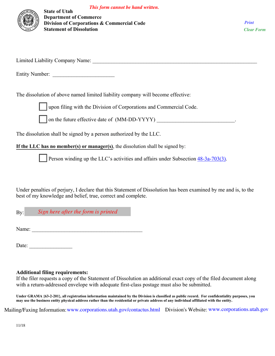 Utah Limited Liability Company Statement of Dissolution - Fill Out ...