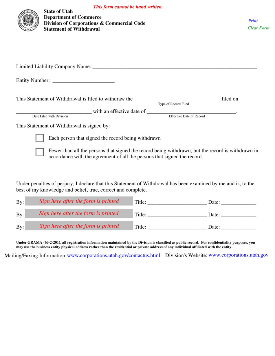 Utah Limited Liability Company Statement of Withdrawal - Fill Out, Sign ...