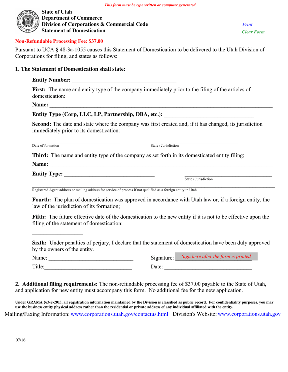 Utah Statement of Domestication - Fill Out, Sign Online and Download ...