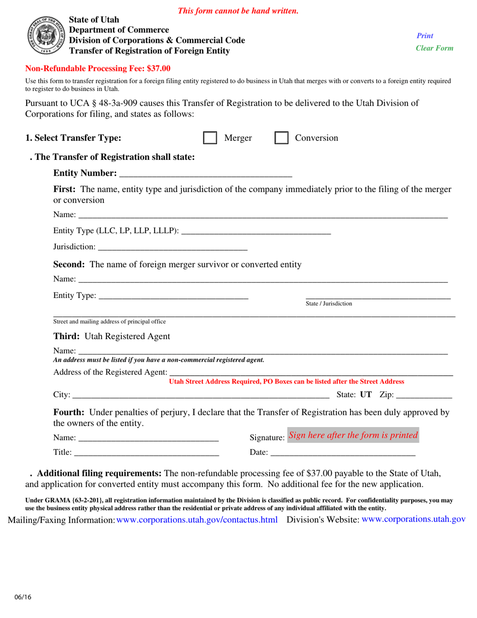 Utah Transfer of Registration of Foreign Entity - Fill Out, Sign Online ...