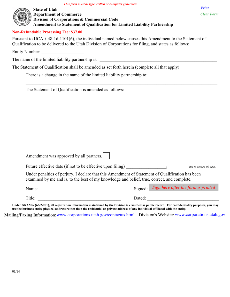 Utah Amendment to Statement of Qualification for Limited Liability ...