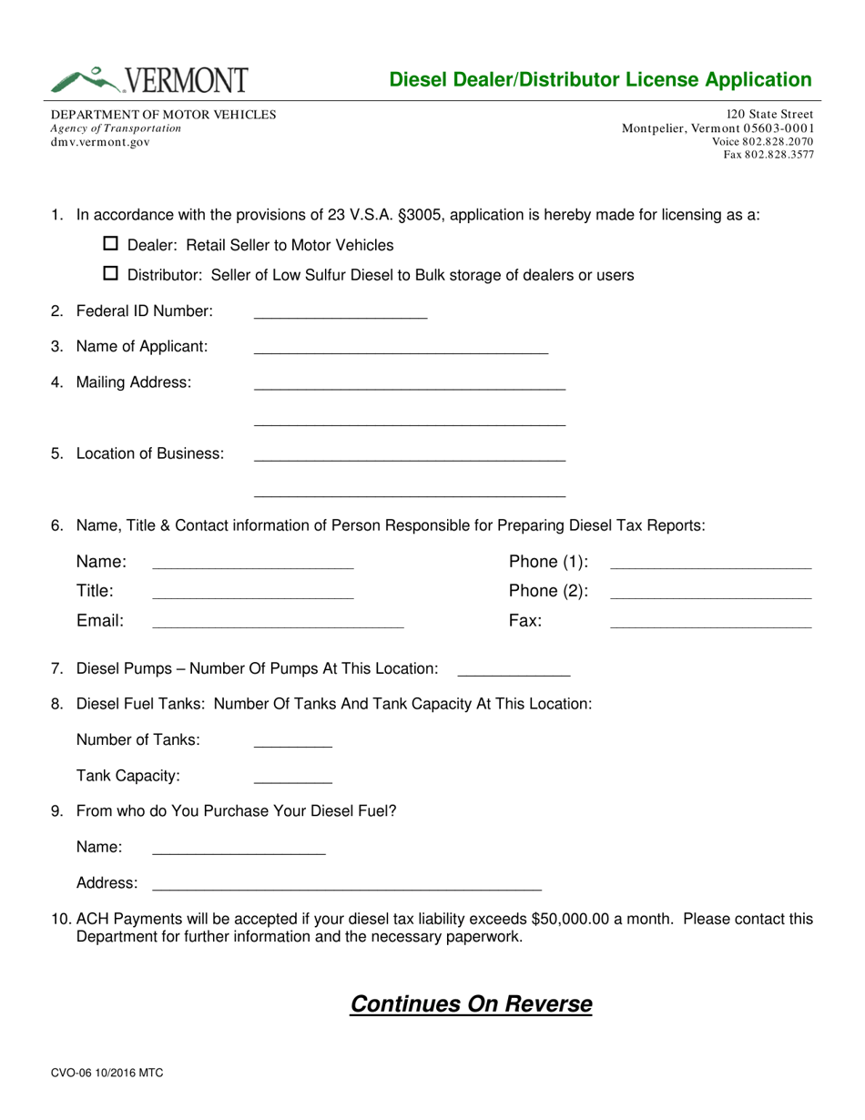 Form CVO-06 - Fill Out, Sign Online and Download Fillable PDF, Vermont ...