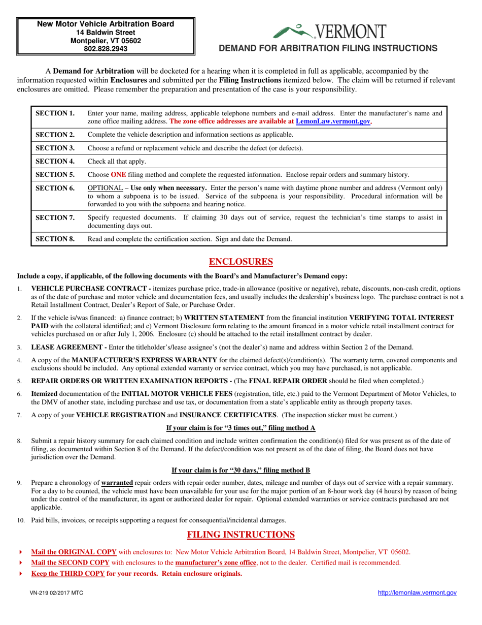 Form VN-219 - Fill Out, Sign Online and Download Fillable PDF, Vermont ...