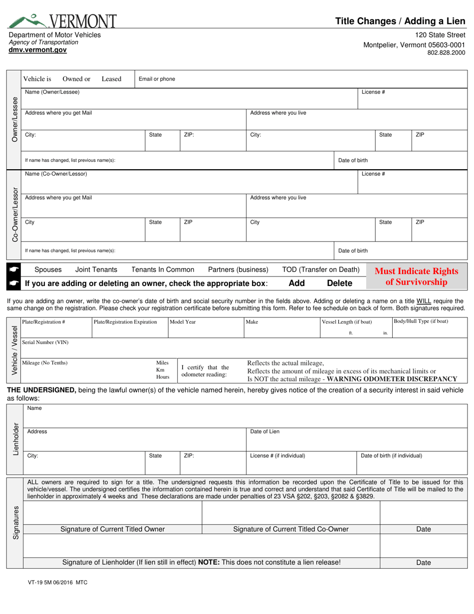 Form VT-19 - Fill Out, Sign Online and Download Fillable PDF, Vermont ...