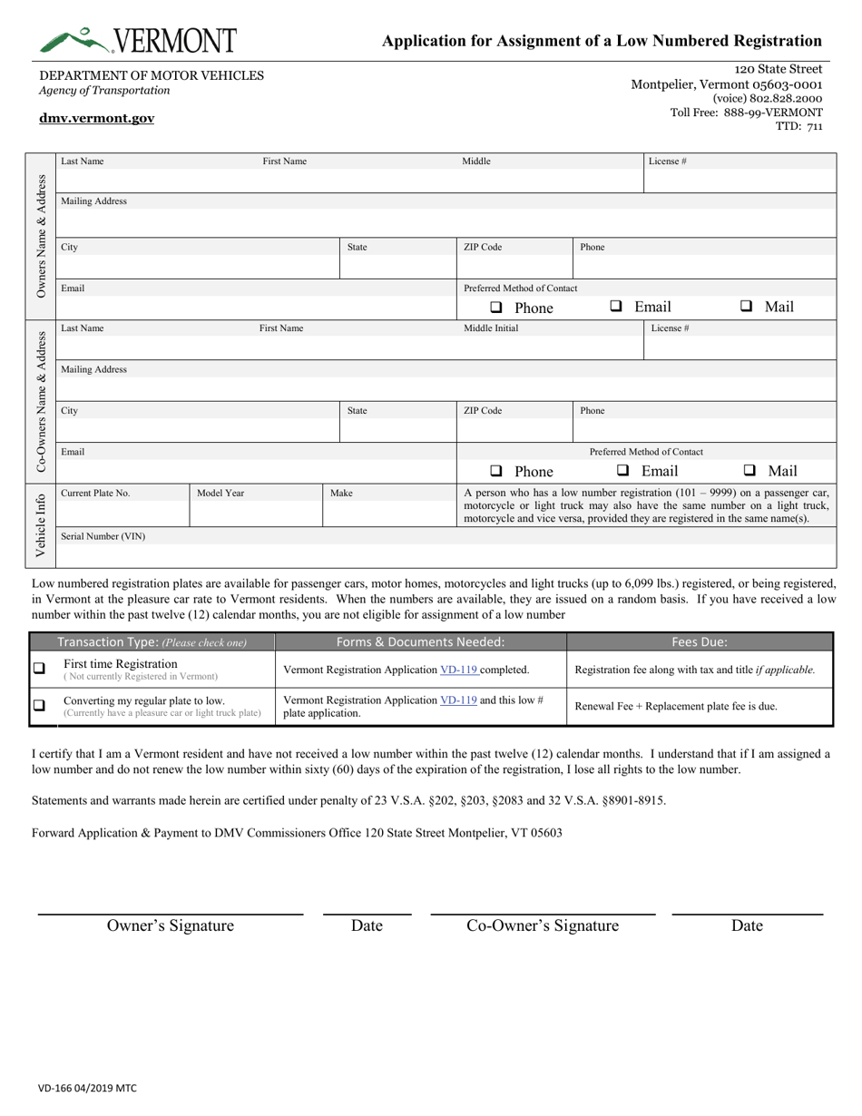 Form VD-166 - Fill Out, Sign Online and Download Fillable PDF, Vermont ...