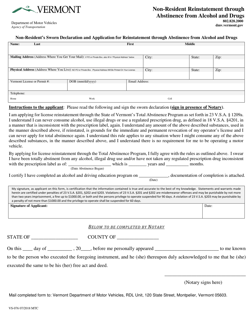 Form VS-076 - Fill Out, Sign Online and Download Fillable PDF, Vermont ...