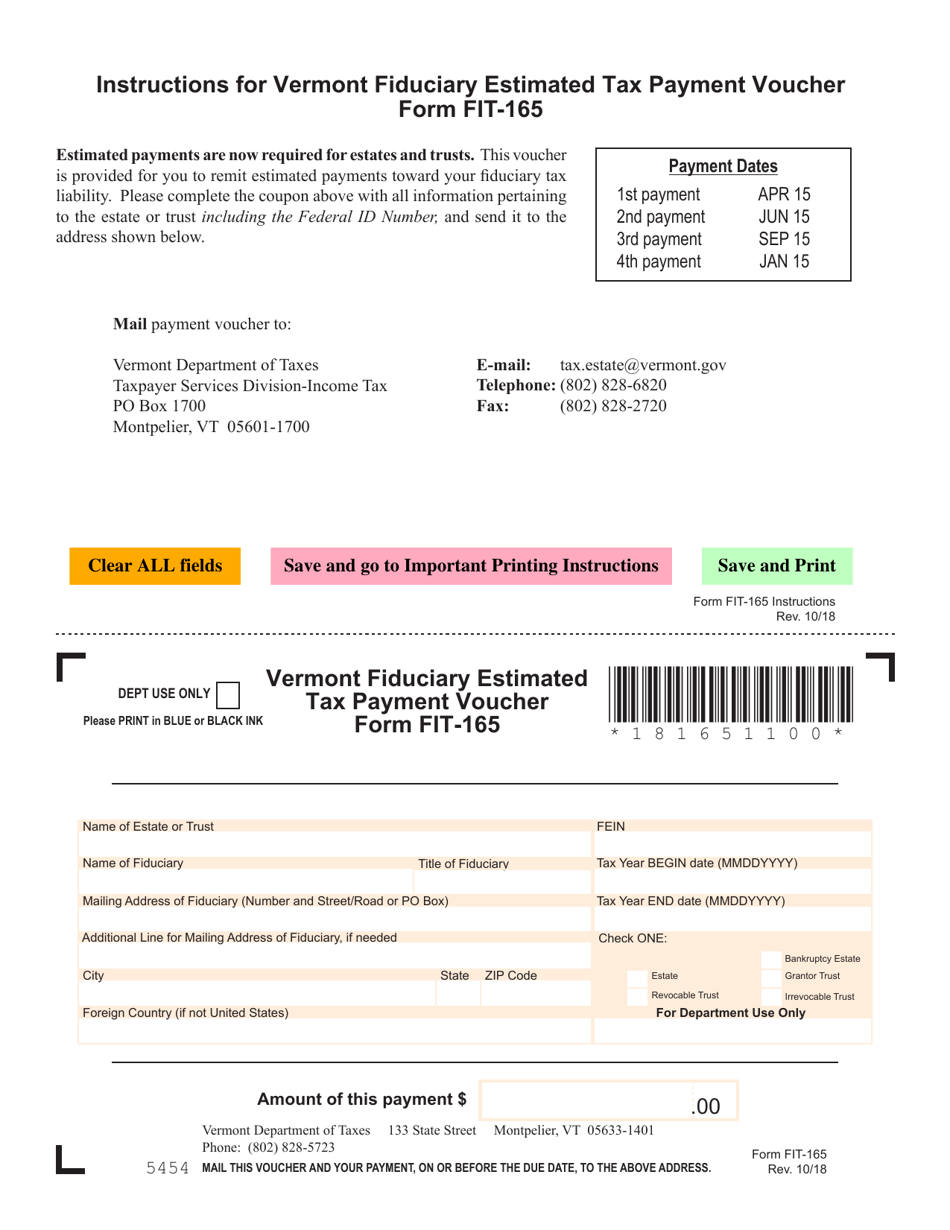 VT Form FIT-165 - Fill Out, Sign Online and Download Fillable PDF ...