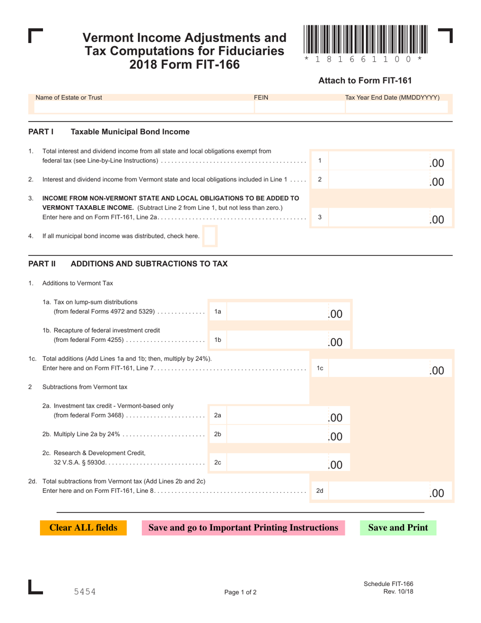VT Form FIT-166 - 2018 - Fill Out, Sign Online and Download Fillable ...