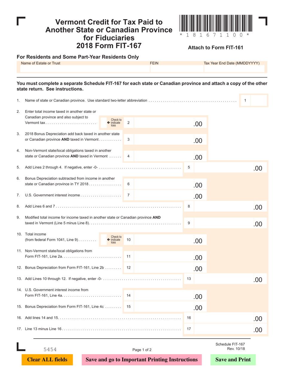 VT Form FIT-167 - 2018 - Fill Out, Sign Online and Download Fillable PDF, Vermont | Templateroller