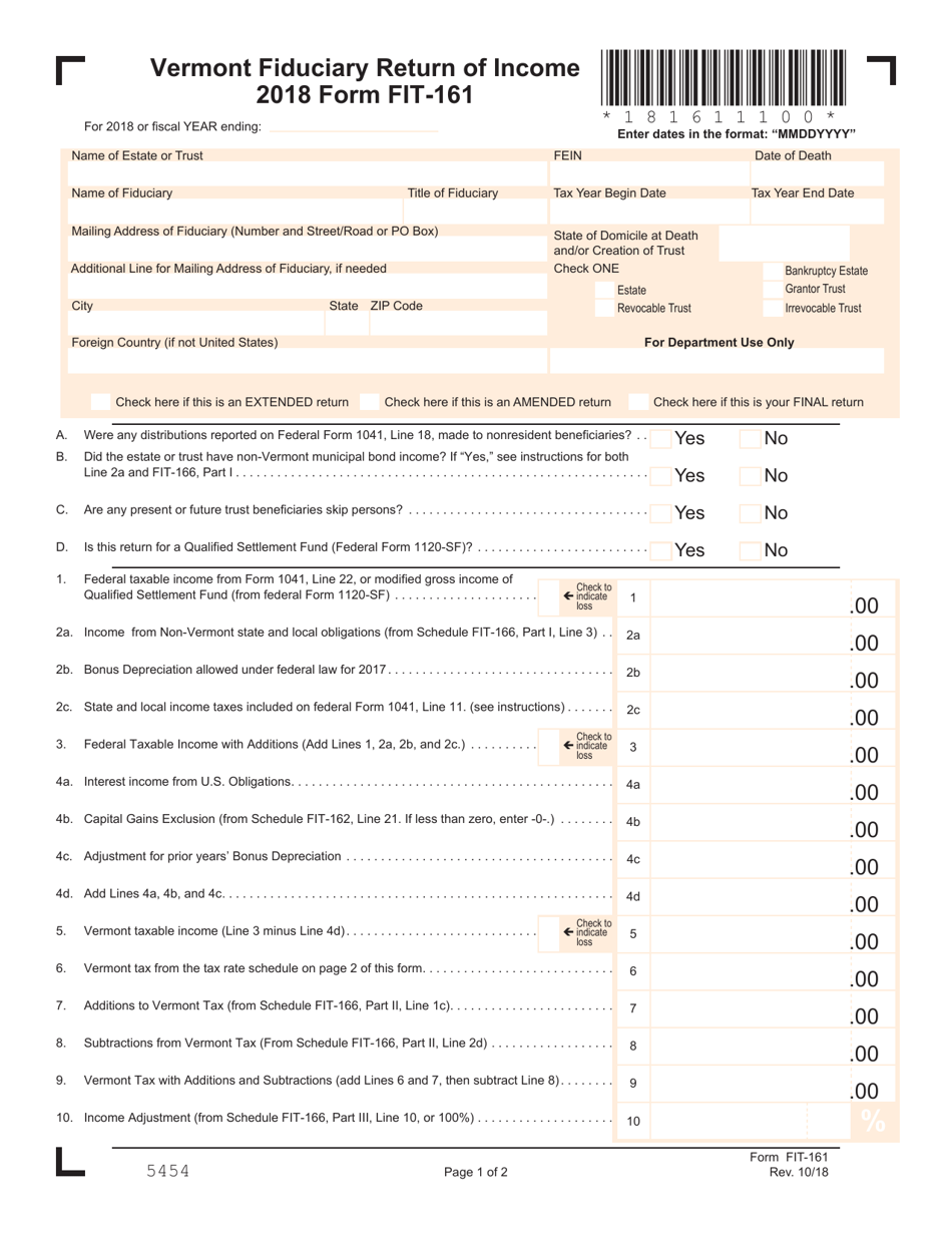 VT Form FIT-161 - 2018 - Fill Out, Sign Online and Download Fillable ...