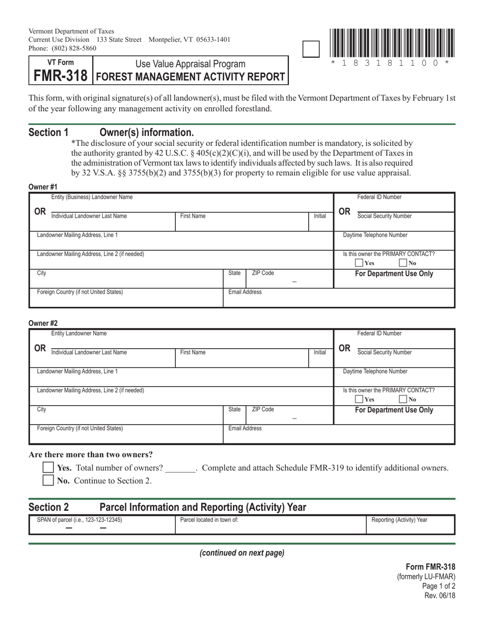 VT Form FMR-318 - Fill Out, Sign Online and Download Fillable PDF ...