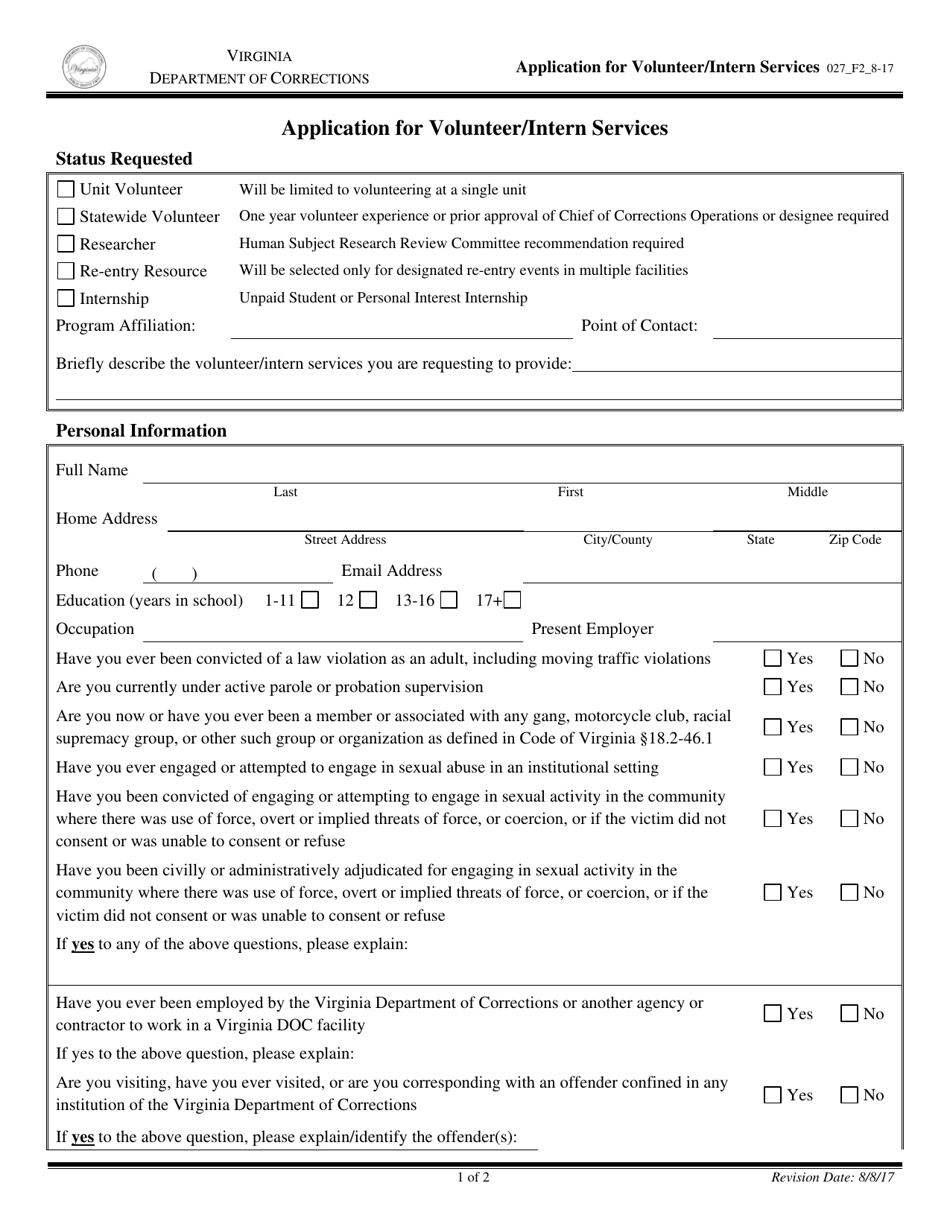 Virginia Application for Volunteer/Intern Services - Fill Out, Sign ...