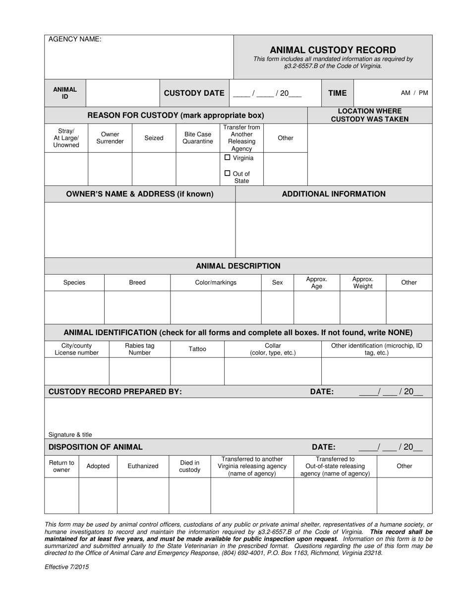 Virginia Animal Custody Record Form - Fill Out, Sign Online and ...