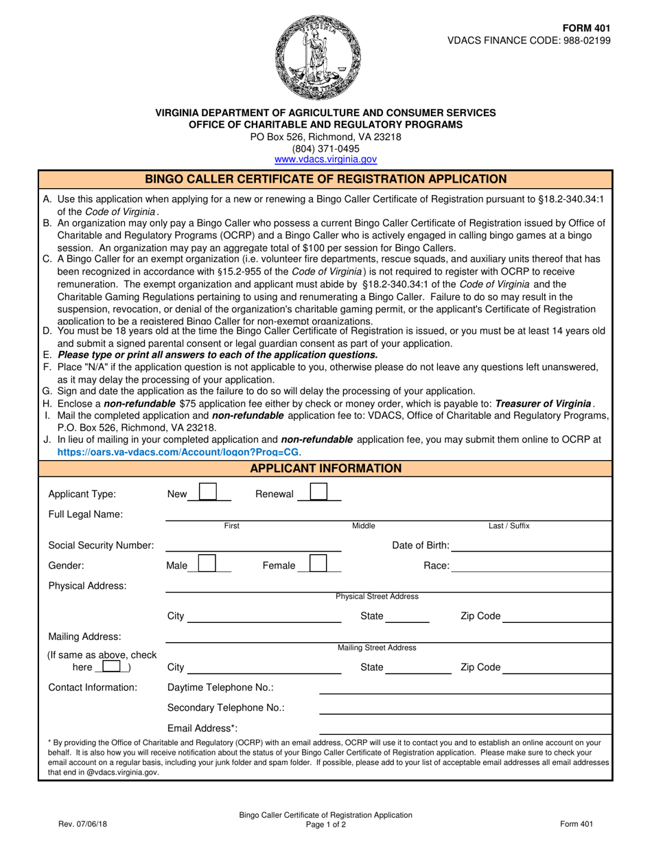 Form 401 - Fill Out, Sign Online and Download Fillable PDF, Virginia ...
