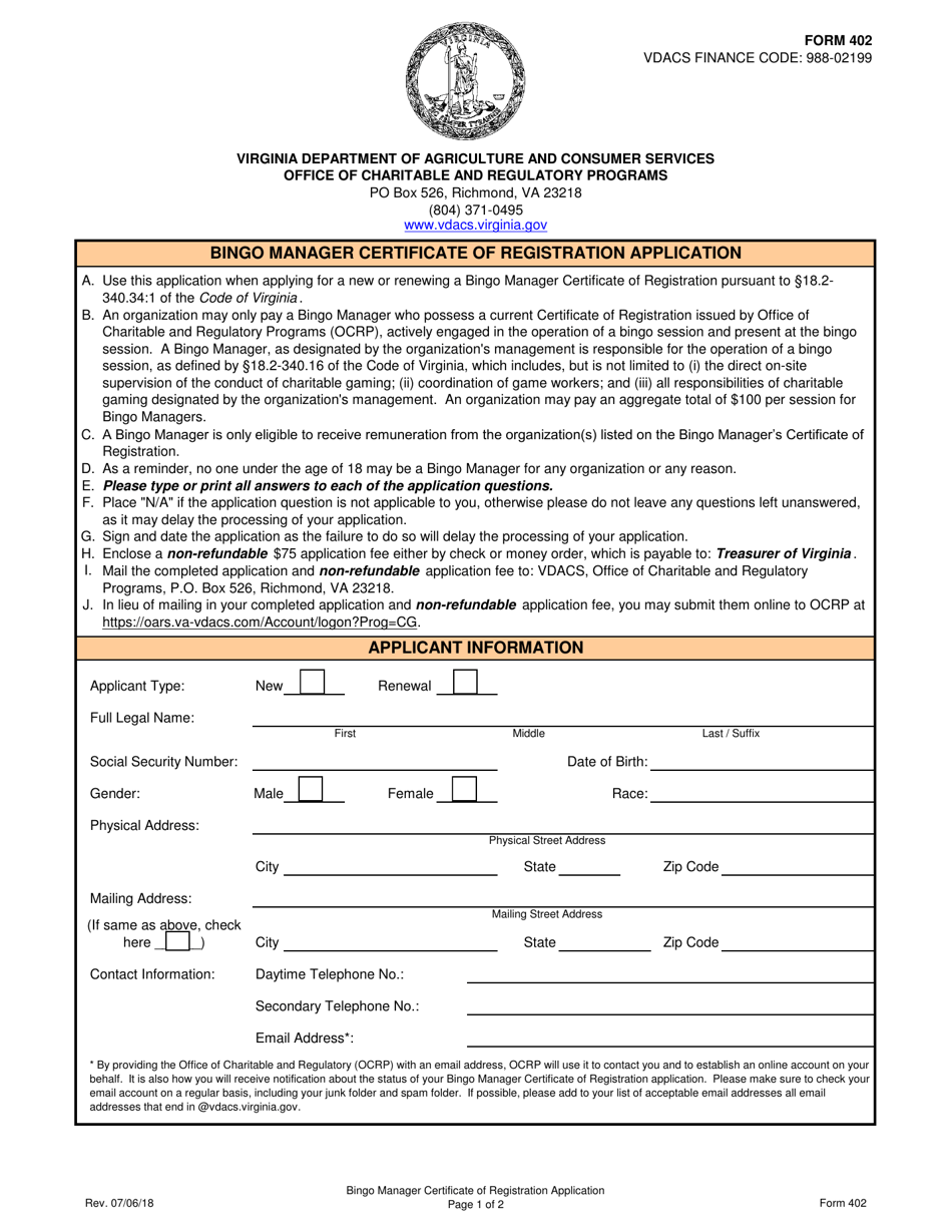 Form 402 - Fill Out, Sign Online and Download Fillable PDF, Virginia ...