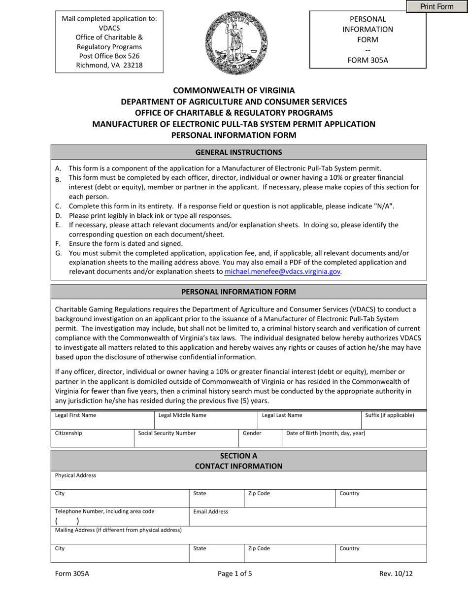 Form 305A - Fill Out, Sign Online and Download Fillable PDF, Virginia ...