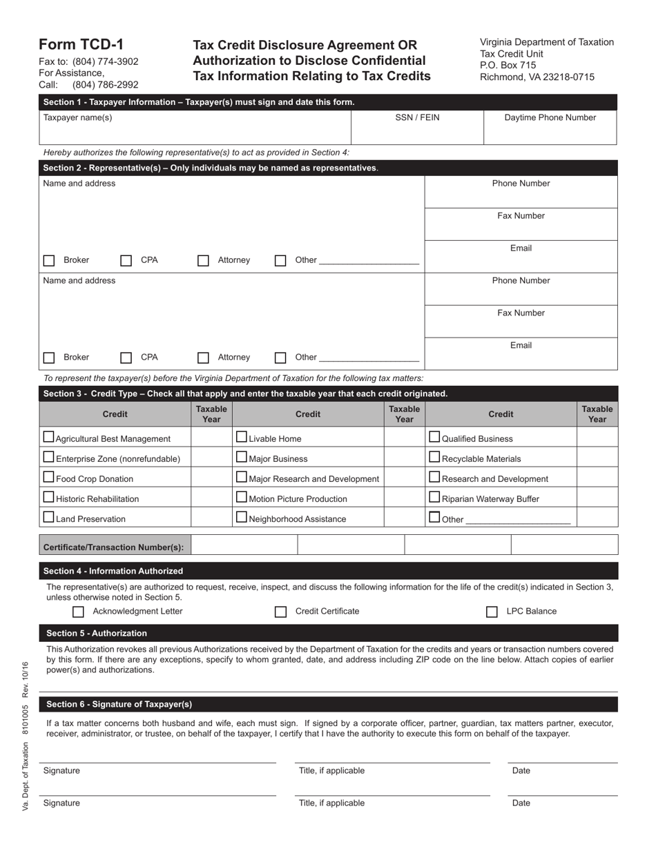 Form TCD-1 - Fill Out, Sign Online and Download Fillable PDF, Virginia ...