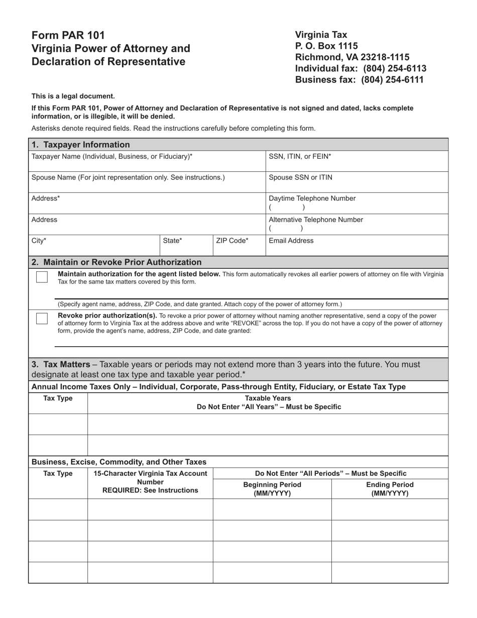 Form PAR101 - Fill Out, Sign Online and Download Fillable PDF, Virginia ...