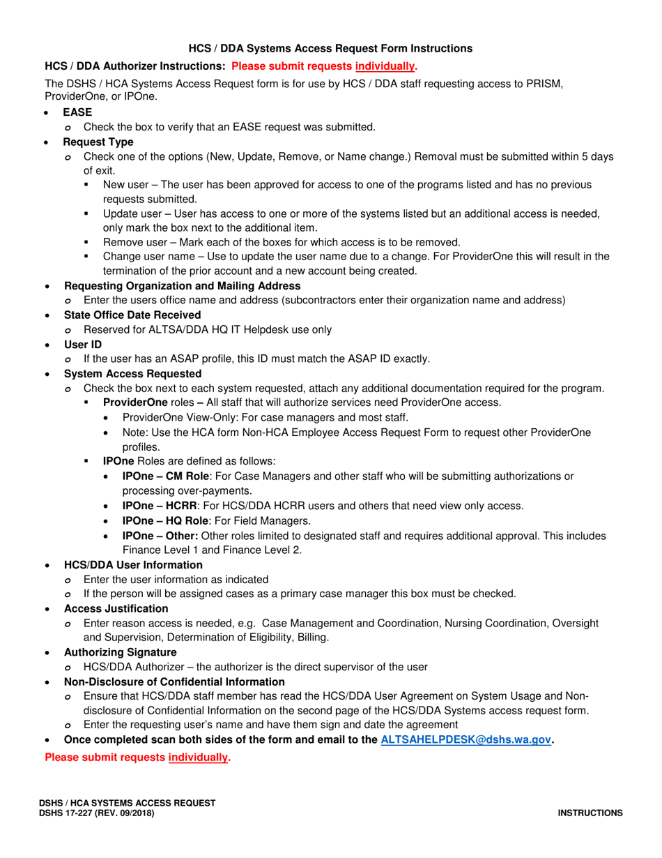 Download Instructions for DSHS Form 17-227 Dshs/Hca Systems Access ...