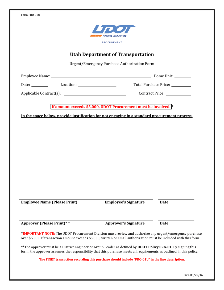 Form PRO-01U Download Printable PDF or Fill Online Urgent/Emergency ...