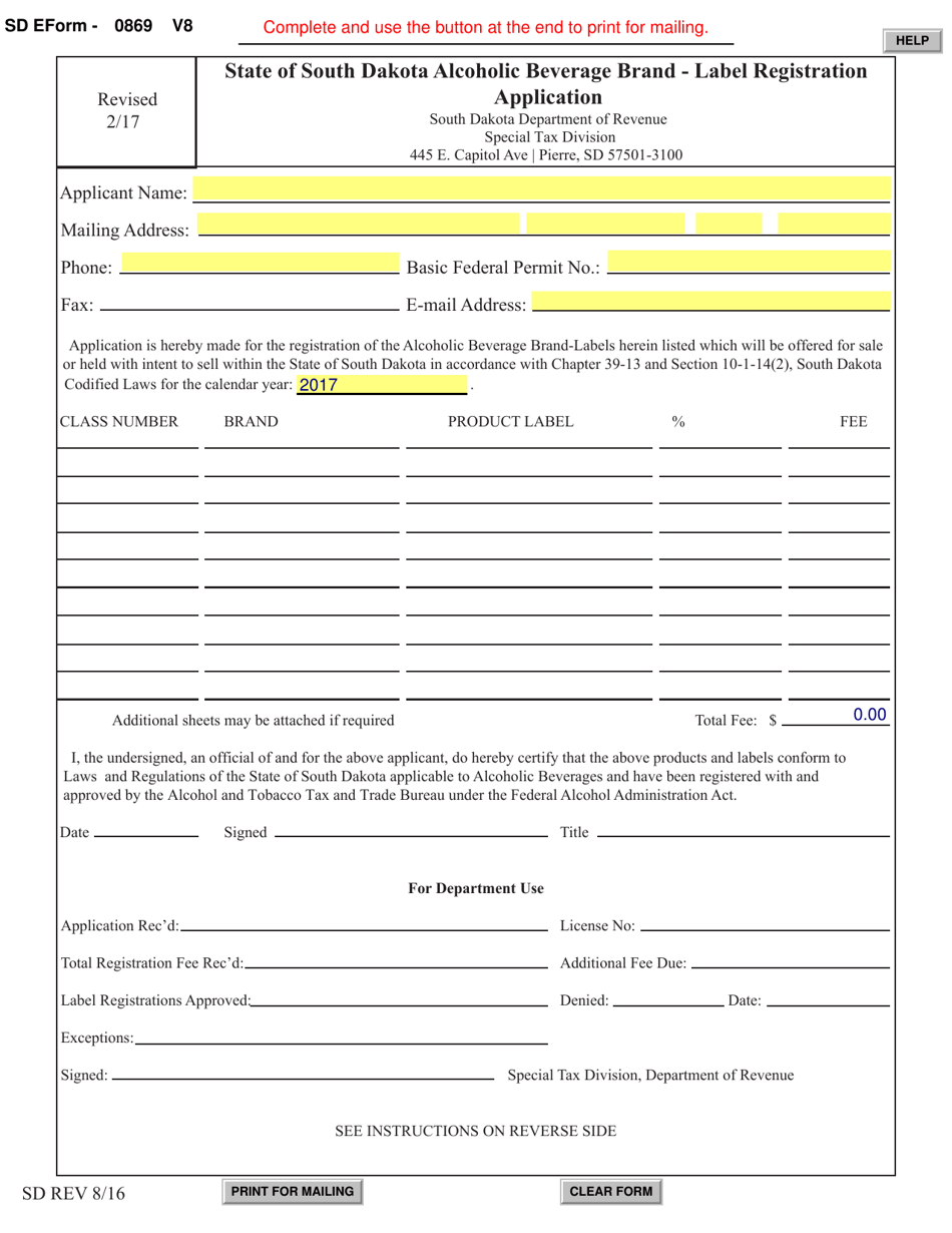 SD Form 0869 - Fill Out, Sign Online and Download Fillable PDF, South ...