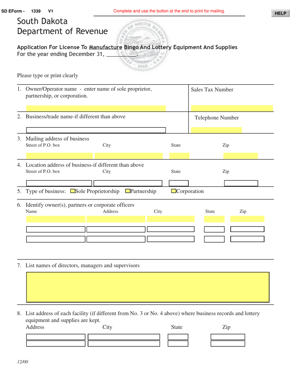 SD Form 1339 - Fill Out, Sign Online and Download Fillable PDF, South ...