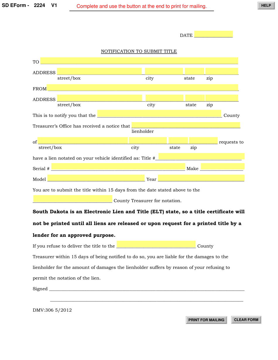 Form 2224 - Fill Out, Sign Online and Download Fillable PDF, South ...