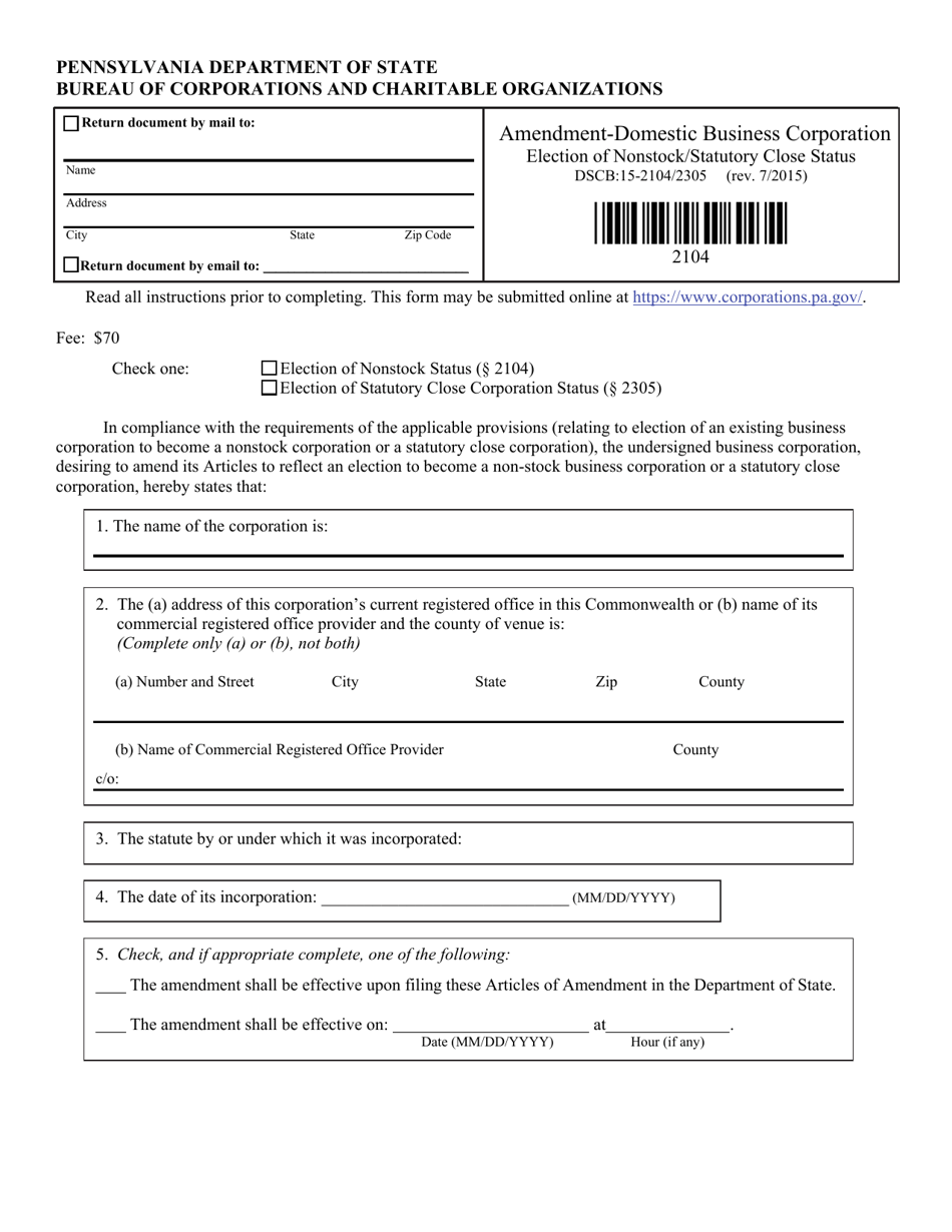 Form DSCB:15-2104/2305 - Fill Out, Sign Online and Download Fillable ...