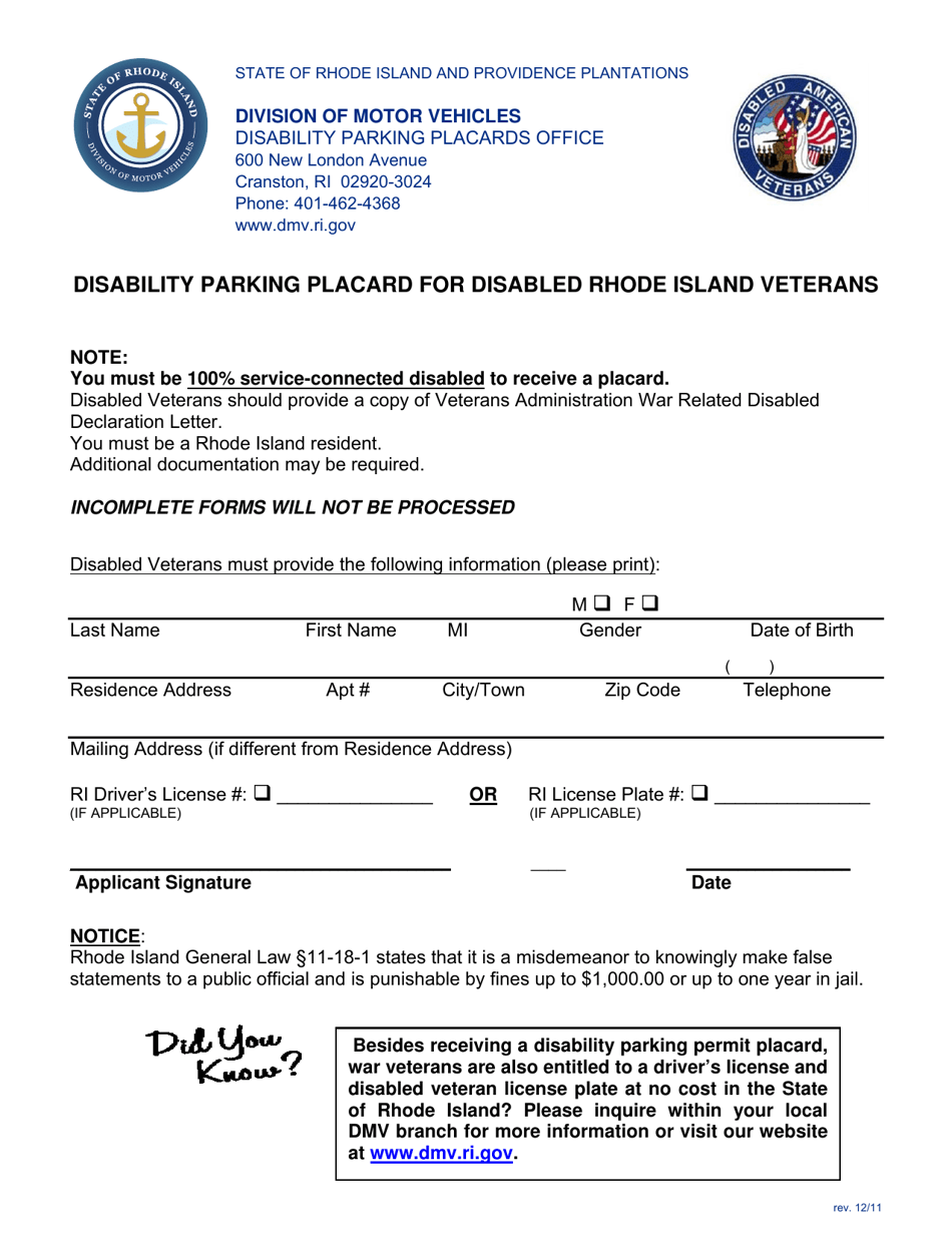 Rhode Island Disability Parking Placard for Disabled Rhode Island ...