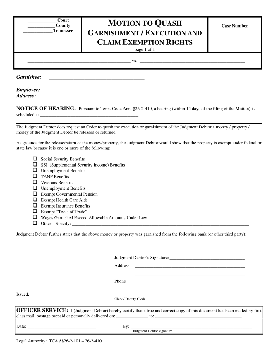 Tennessee Motion to Quash Garnishment/Execution and Claim Exemption ...