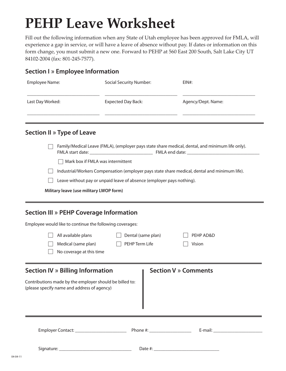 Utah Pehp Leave Worksheet - Fill Out, Sign Online and Download PDF ...