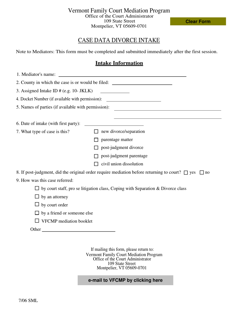 Vermont Case Data Divorce Intake - Fill Out, Sign Online and Download ...