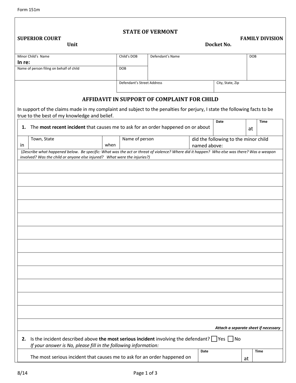 Form 151M - Fill Out, Sign Online and Download Fillable PDF, Vermont ...