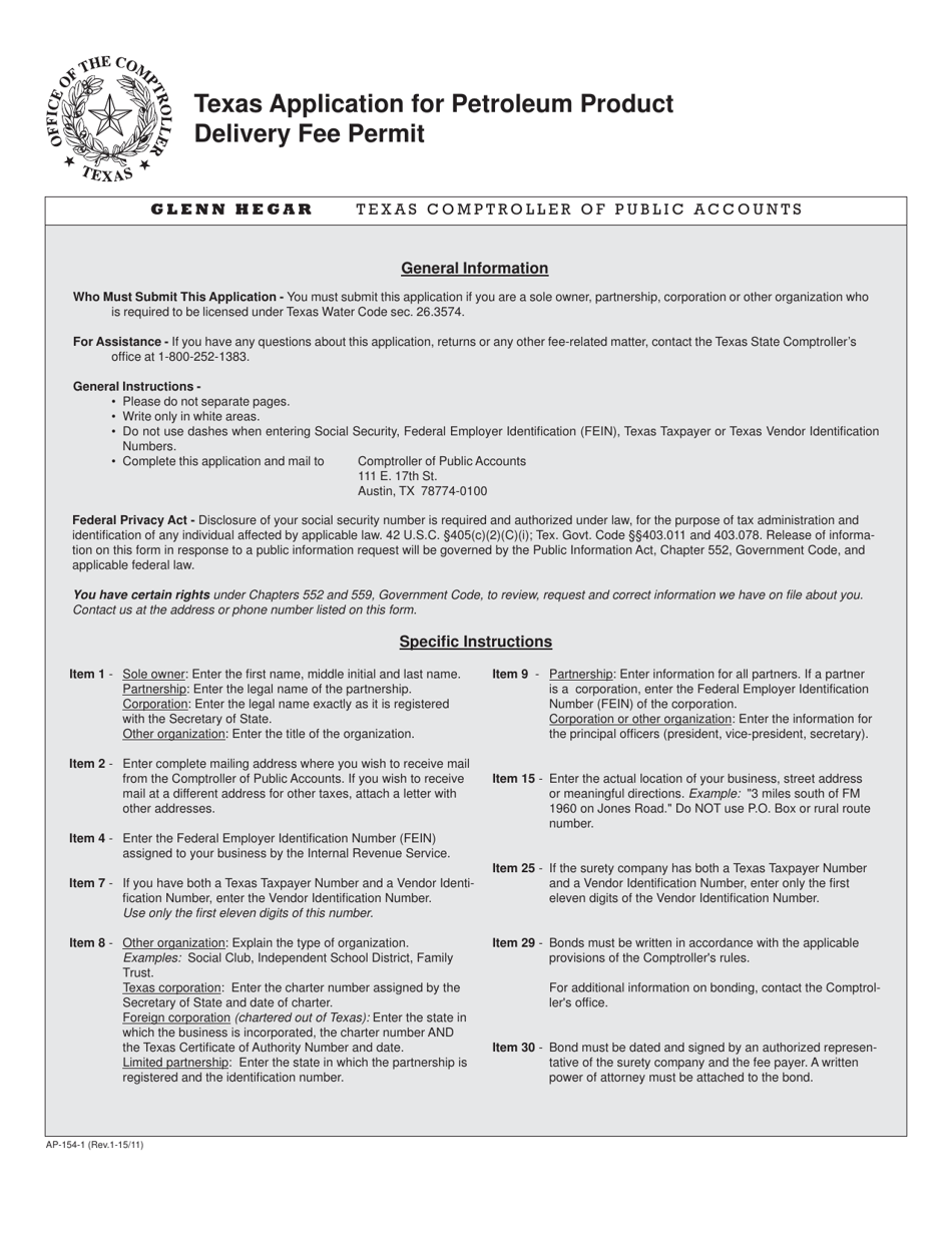 Form AP-154 - Fill Out, Sign Online and Download Fillable PDF, Texas ...